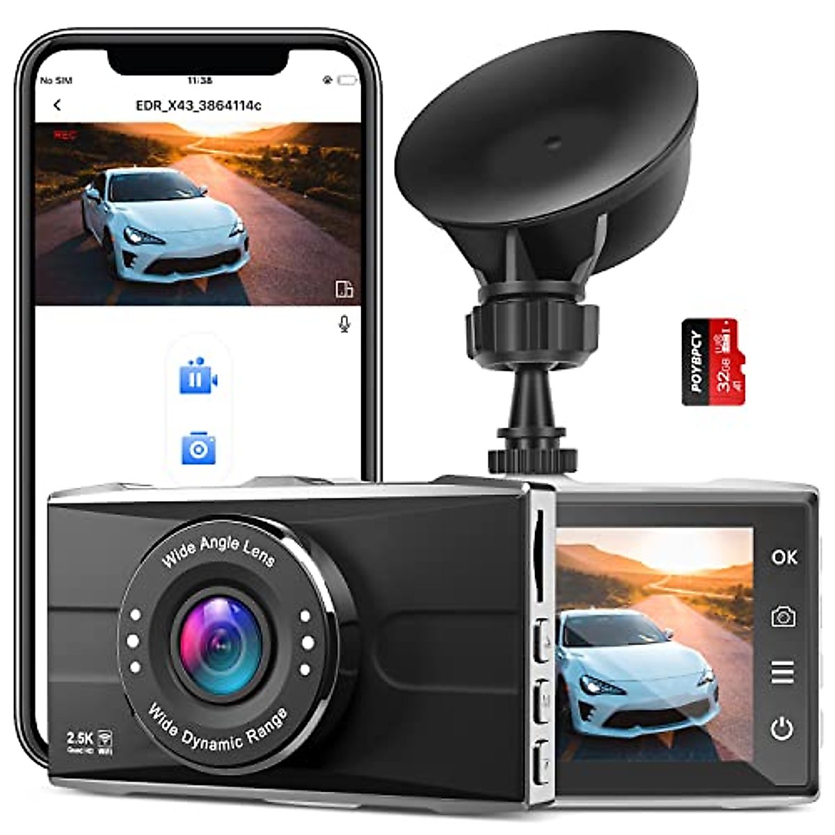 2.5K WiFi Dash Cam Front, 1440P QHD Dash Camera for Cars with Super Night Vision, Parking Mode, 3" Display, 170° View Angle, App Control, G Sensor, 32G SD Card (Max Support 128GB)