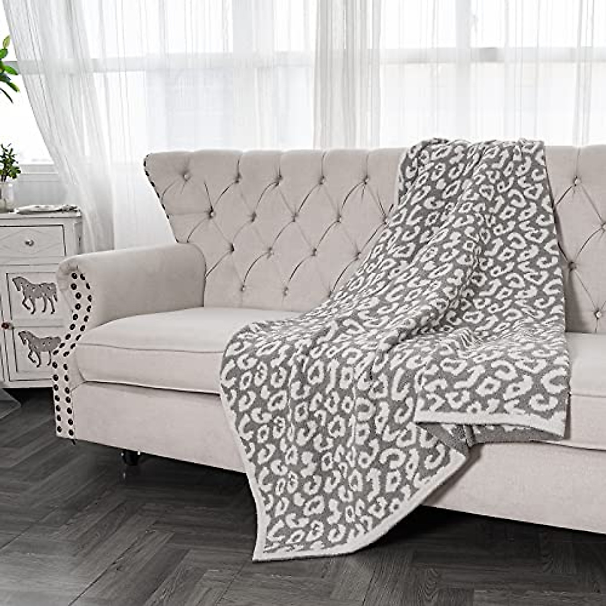 Throw Blanket Soft Fuzzy Fluffy Leopard Knit Throw Blanket, Cozy Plush Fleece Comfy Microfiber Cheetah Blanket for Couch Sofa Bed, Stone/Cream