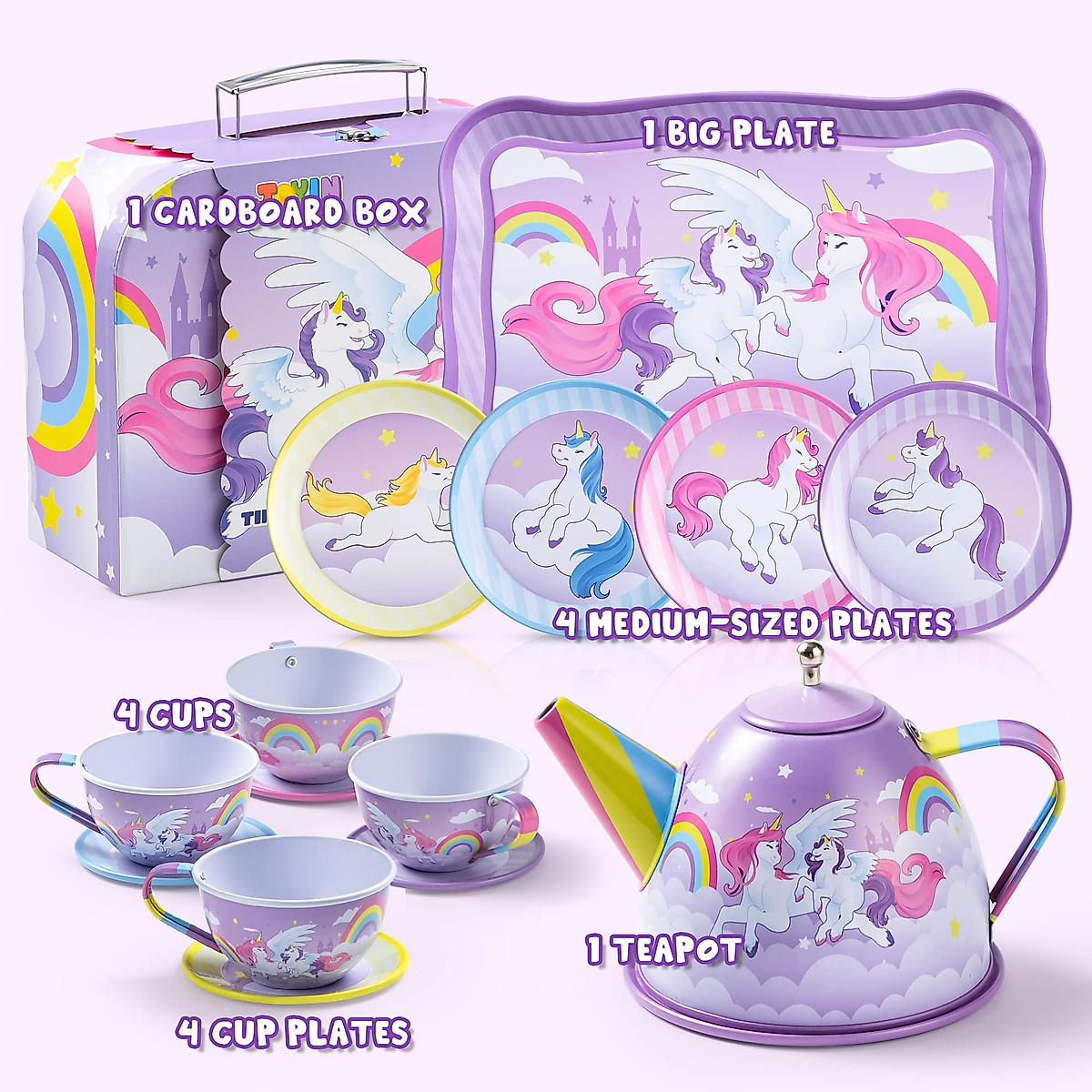 JOYIN Unicorn Tea Party Set for Little Girls, Pretend Purple Tin Teapot Set, Princess Tea Time Play Kitchen Toy with Teapot, Cup, Plate, Carrying Case for Birthday Easter Gift Kids Toddler Age 3 4 5 6