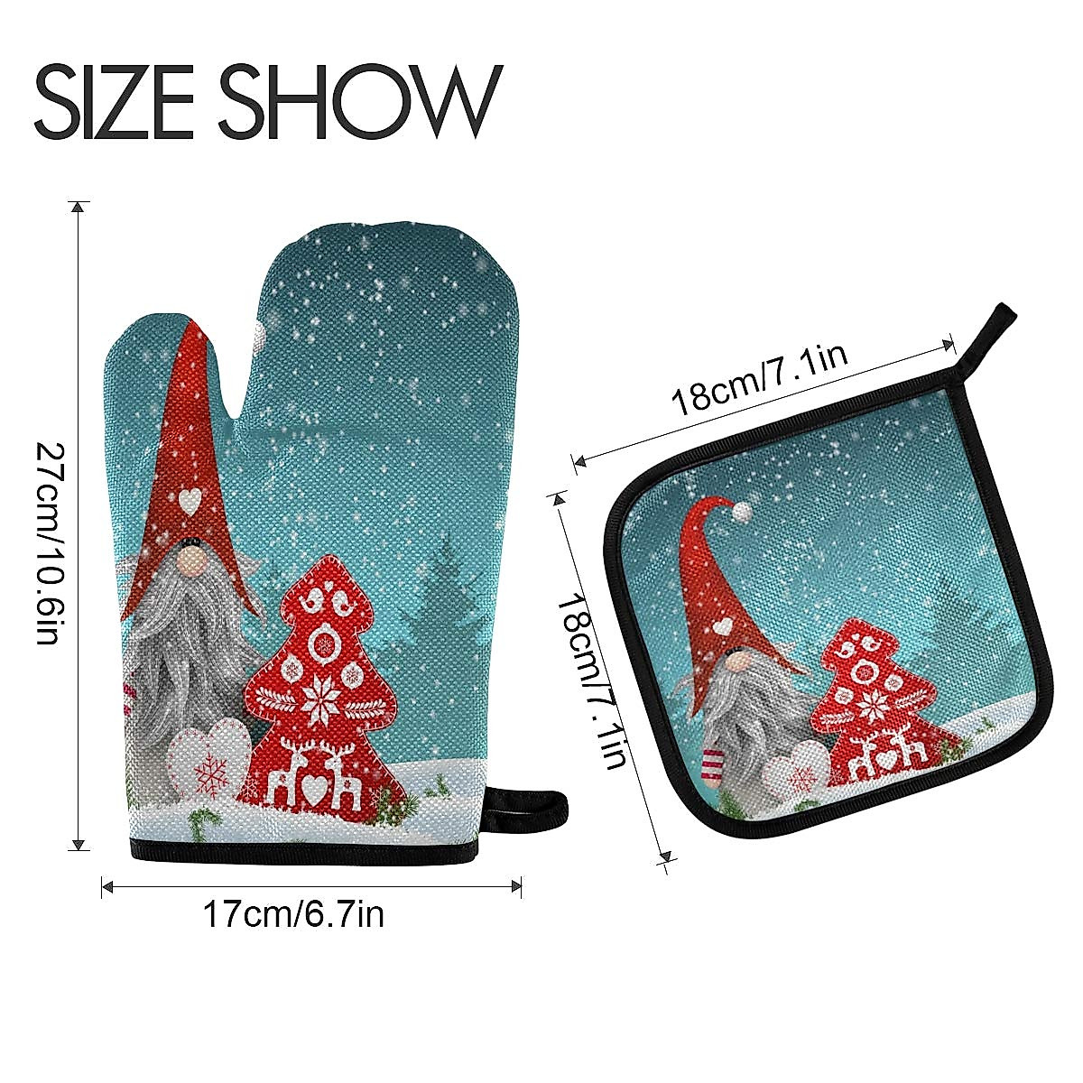 Merry Christmas Tomte Winter Snowflake Pattern Oven Mitts and Pot Holders Set, Heat Resistant Non-Slip Gloves Hot Pads Insulated for BBQ, Grill, Baking, Cooking, Oven, Microwave, Kitchen Gift
