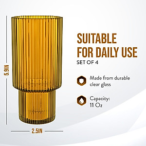 American Atelier Vintage Art Deco Fluted Drinking Glasses | Ribbed Glassware for Cocktail, Gin, Whiskey, & More | Modern Glassware | Lowball Fluted Cocktail Glasses | Set of 4 (11 oz, Amber)