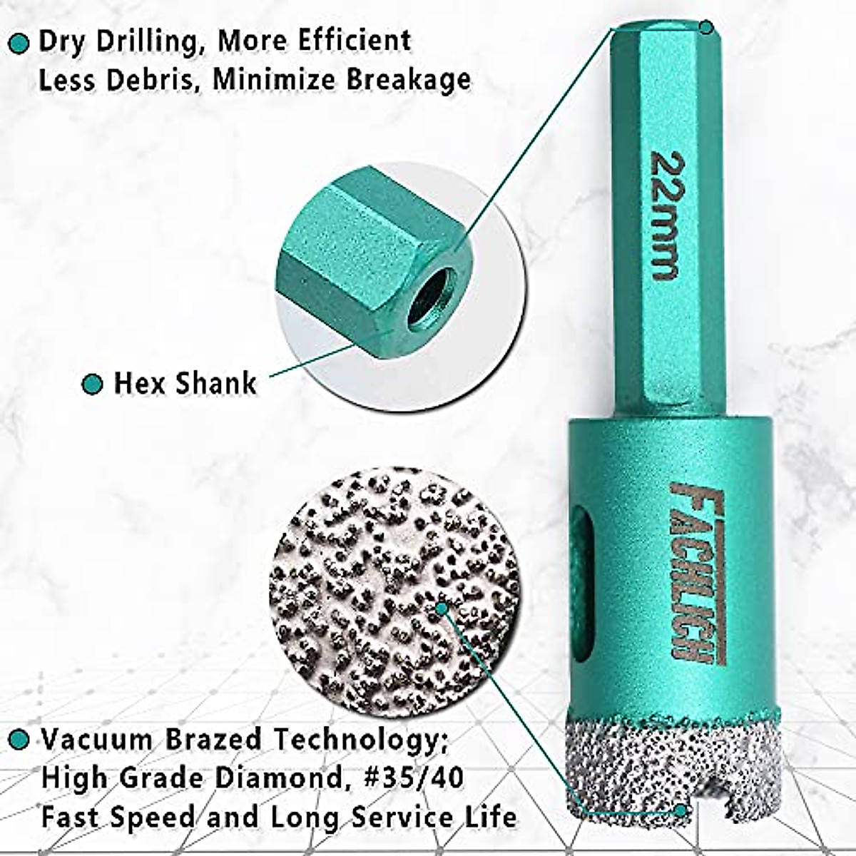 FACHLICH Dry Diamond Drill Bits,Diameter 5/6"(22mm) with Hex Shank Connection for Granite Marble Tile Porcelain Ceramic Hard Materials