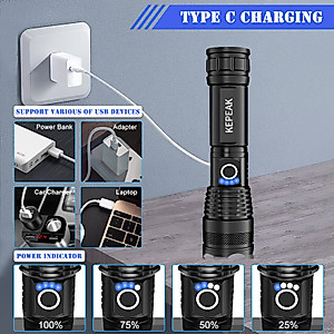 KEPEAK Rechargeable Flashlights High lumens, Super Bright LED Flashlight, Tactical Flashlights 5000 Lumens, Zoomable, 5 Modes, Waterproof, Handheld Flash Light for Camping, Hiking, Emergency