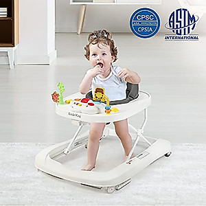 Kinder King 3 in 1 Folding Baby Walker, Activity Walker for Boys Girls, Learning-Seated, Toddler Walk-Behind w/Music Toys, Adjustable Height & Speed, Safety Bumper, Infant Walker Anti-Rollover, Grey