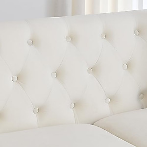 EMKK Modern Chesterfield Velvet Sofa 2-Seater Couches Upholstered Tufted Backrests with Nailhead Arms Loveseat and 2 Cushions for Living Room, Apartment, Office,Bedroom Mid Century, F-Beige