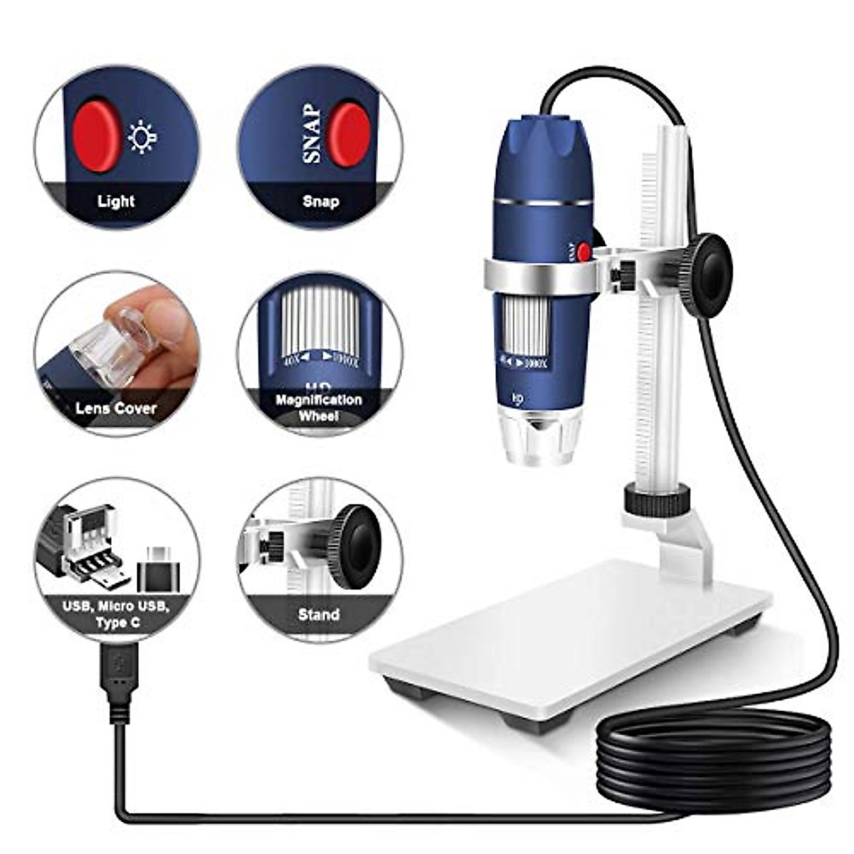 Jiusion HD 2MP USB Digital Microscope 40X to 1000X Portable Magnification Endoscope Camera with 8 LEDs Aluminum Alloy Stable Stand for OTG Android Mac Windows 7 8 10 11 Linux