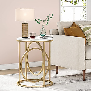 Tribesigns Modern Round End Table Set of Two, 20” Side Table Cocktail Table with Gold O-Shaped Base, Midcentury Accent Table Nightstand for Living Room Bedroom, 2 Pieces, Faux Marble White