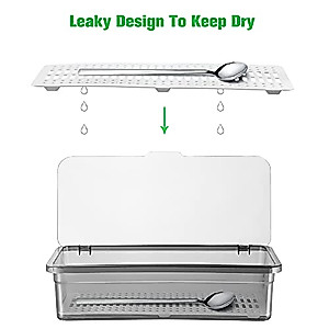 DOITOOL Flatware Tray with Lid and Drainer Kitchen Drawer Organizer, Kitchen Cutlery Tray and Utensil Drawer Organizer with Cover, Countertop Silverware Storage Container, 2.8x10x3.9