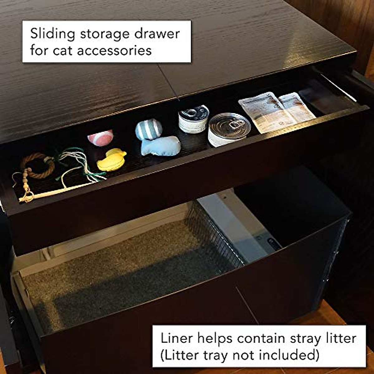 THE REFINED FELINE Cat Litter Box Enclosure Cabinet, Farmhouse, Black Espresso, Adjustable Levelers, XLarge, Hidden Litter Cat Furniture with Drawer