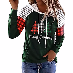 Merry Christmas Buffalo Plaid Tree Striped Splicing Hoodie Women Christmas Tree Sweatshirt Xmas Pullover Shirts (Green, Large)