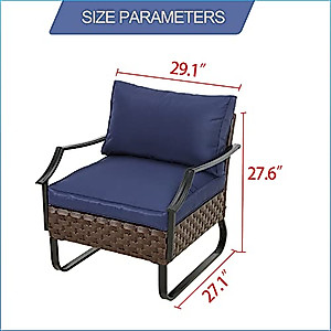 LOKATSE HOME Single Outdoor Armchair Rattan Sofa Cushioned Patio Chair U Leg Metal Club Furniture for Balcony Porch Garden Deck, Blue