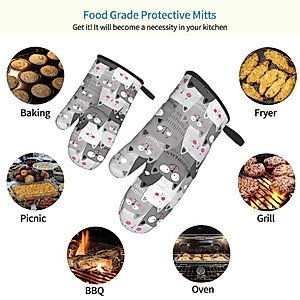 Ouqiuwa Hipster Cartoon Cute Cat Kitten Gray Oven Mitt/Glove for Easy Gripping Set of 2 Kitchen Accessories