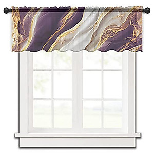 ZOE GARDEN Marble Purple Valance Curtains for Kitchen/Living Room/Bathroom/Bedroom Window, Rod Pocket Small Topper Half Short Window Curtains Voile Sheer Scarf, Abstract Gold White Modern Art 54"x18"