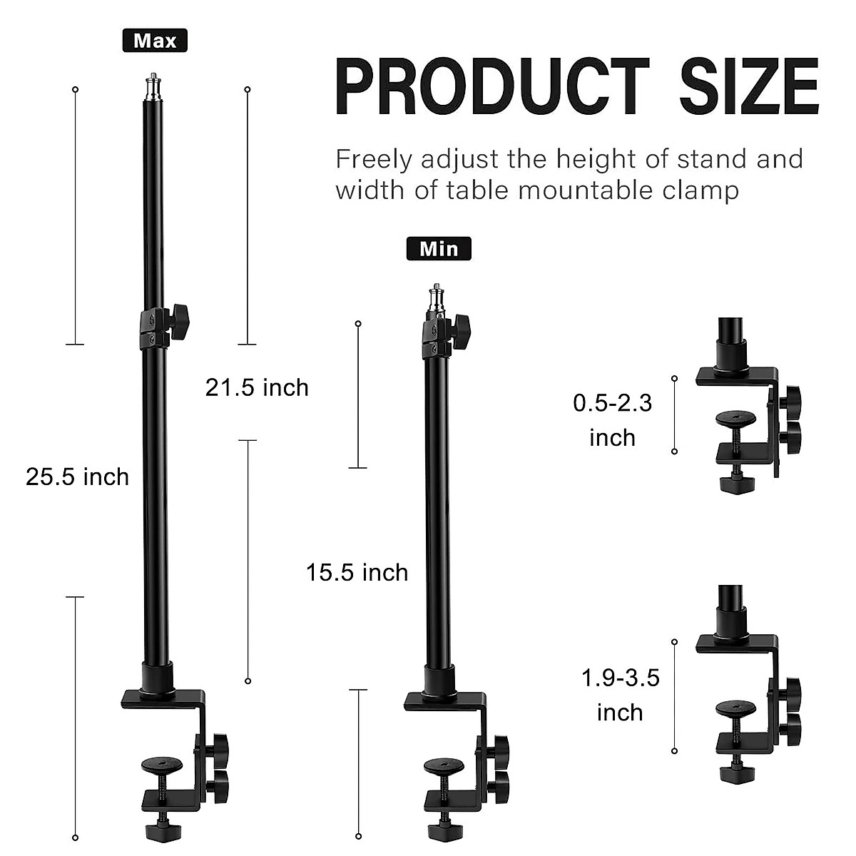 Obeamiu 2 Pack C Clamp Desk Mount Light Stand with 1/4" Ball Head and Hot Shoe Mount Adapter, 15.5-25.5 Inch Adjustable Tabletop Bracket Stand for DSLR Camera, Ring Light, Video Monitor, Microphone