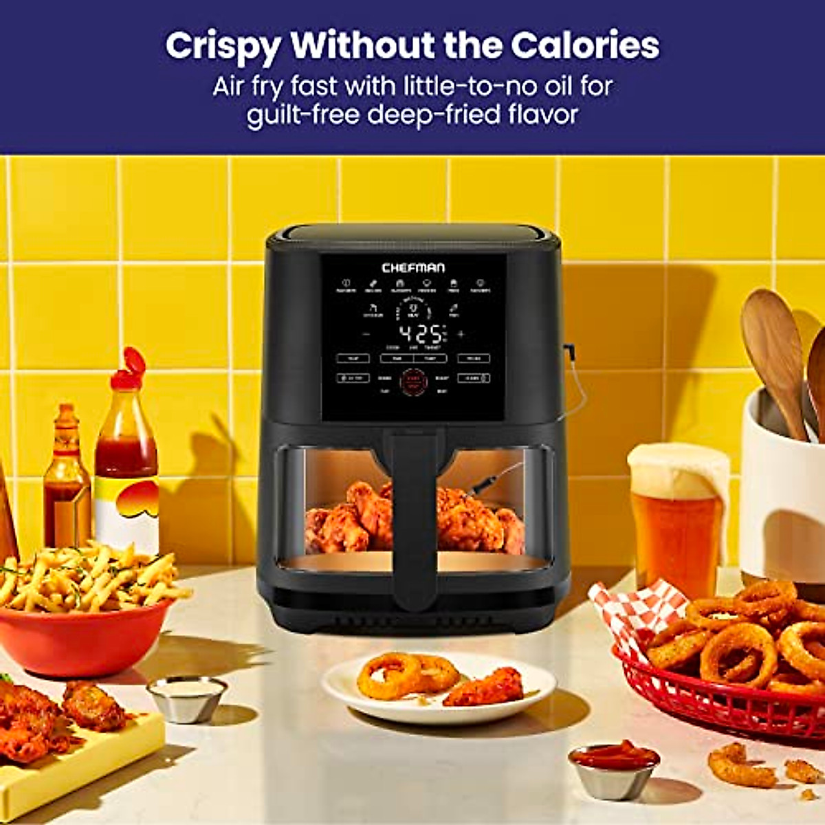 Chefman Air Fryer 8 Qt with Probe Thermometer, 8 Preset Functions, 1-Touch Digital Display Compact Cooker, Extra Large Nonstick Square Air Fryer Basket with Window, Dishwasher-Safe Parts, Black