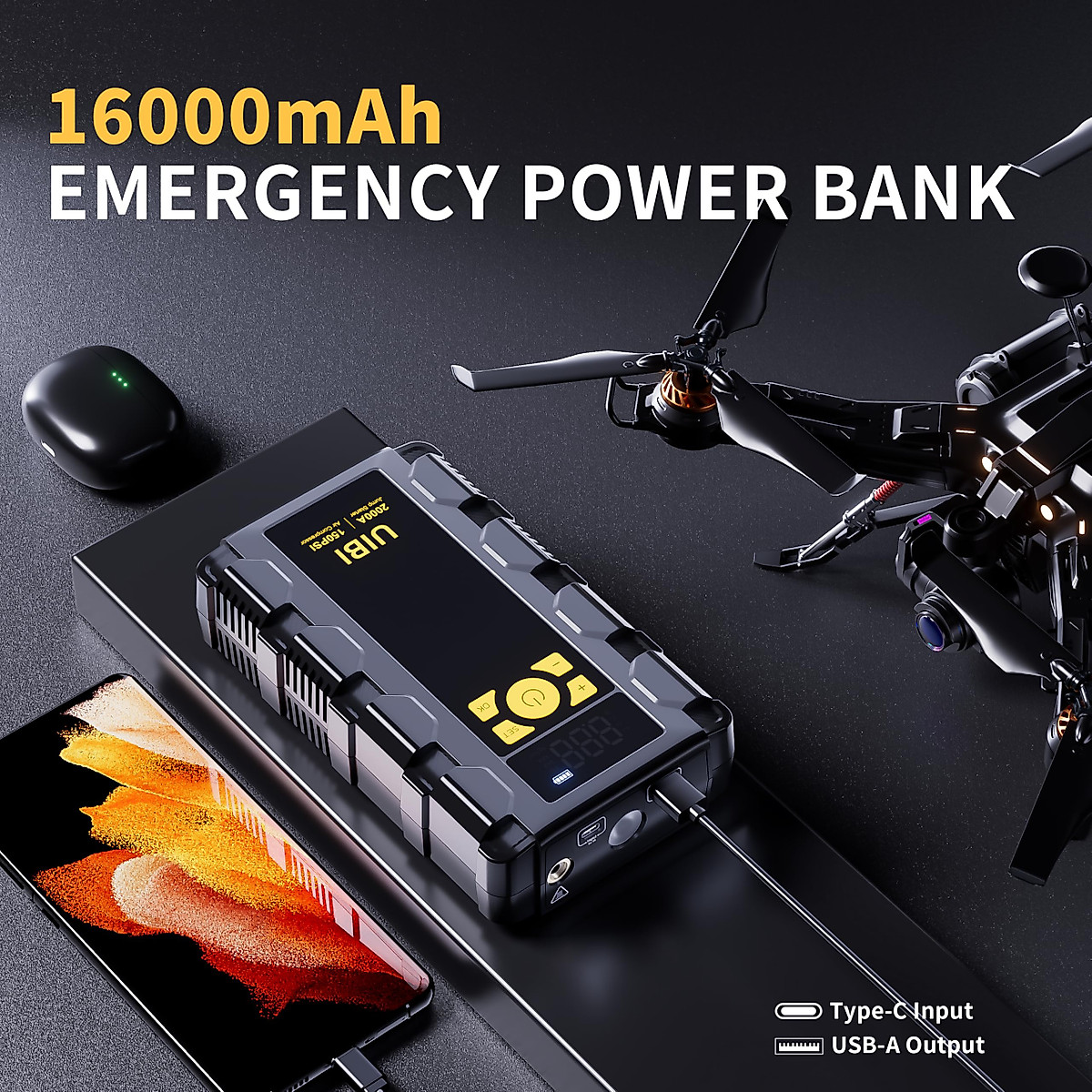 UIBI X5 Car Jump Starter with Air Compressor, 2000A Car Battery Jump Starter with 150PSI Tire Inflator Portable, Battery Jumper Starter, Jump Box for 8.0L Gas or 6.0L Diesel Vehicles