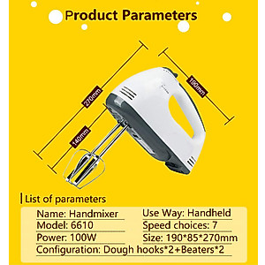 SFXFJ Hand Mixer Electric, 7 Speeds, 100 Watts, 110 Voltage, Stainless Steel Rods, Dough Hooks & Mixer Beaters for Dressings, Frosting, Meringues & More, High Capacity Whisk, White