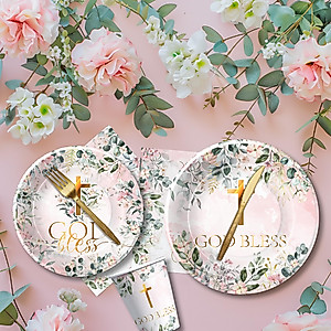 Suhelkit God Bless Baptism Decorations Tableware Girl - First Communion Decorations Supplies, Plate, Cup, Napkin, Fork, Baptism Plates And Napkins Set For Christening Baby Shower Religious | Serve 24