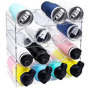 Spaclear 4 Pack Water Bottle Organizer, Stackable Kitchen Home Pantry Organization and Storage Shelf, Plastic Water Bottle Holder for Fridge Cabinet Organizer and Storage, Tumbler Mug Cup Organizer