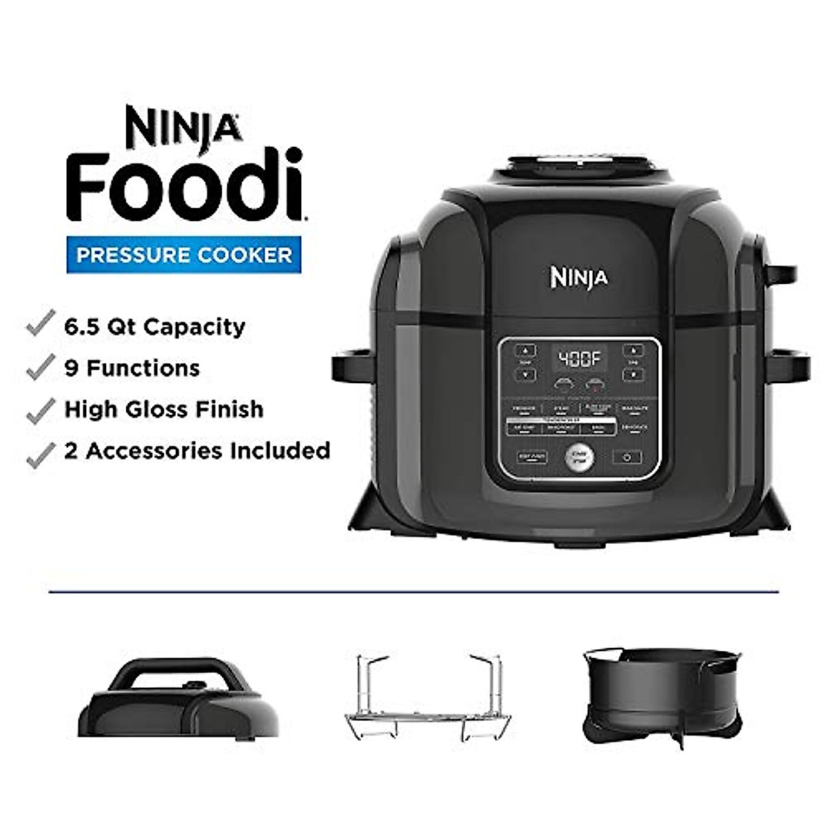 Ninja OP350co Foodi 9-in-1 Pressure, Broil, Dehydrate, Slow Cooker, Air Fryer, and More, with 6.5 Quart Capacity and a High Gloss Finish (Black) - Renewed