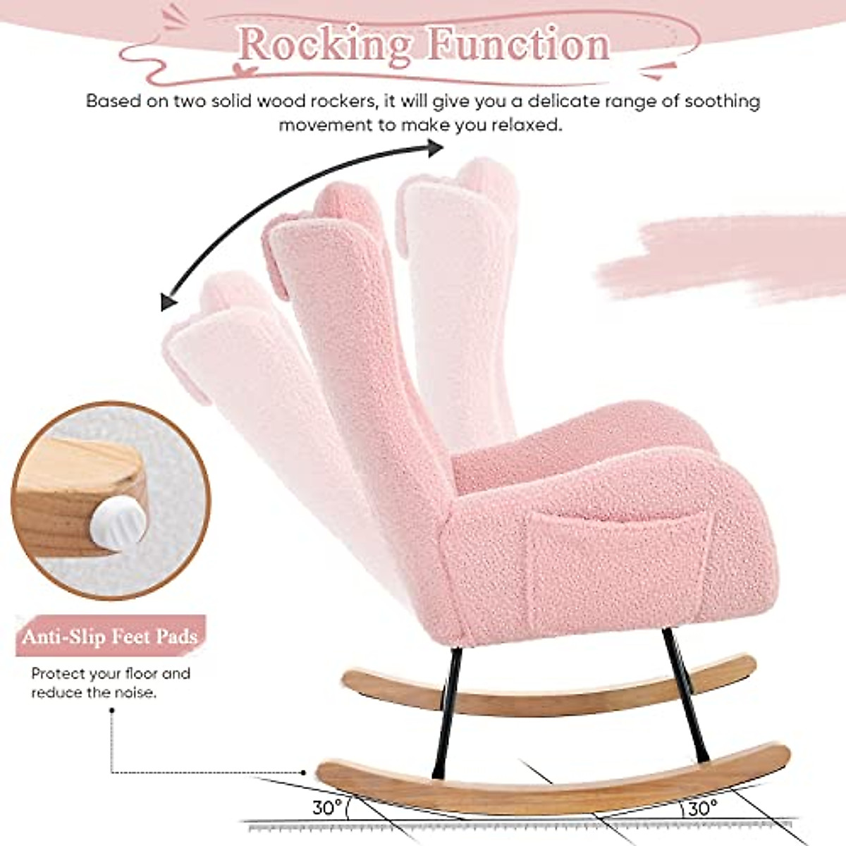 KINFFICT Accent Rocking Chair, Tufted Upholstered Glider Rocker for Nursery, Comfy Armchair with Side Pockets, Modern Lounge Arm Chair for Living Room, Bedroom (Upgraded Teddy Pink)
