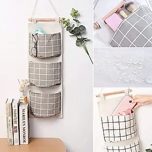 2 Packs Linen Cotton Fabric Wall Door Closet Hanging Storage Bag 3 Pockets Over The Door Organizer for Room Bathroom