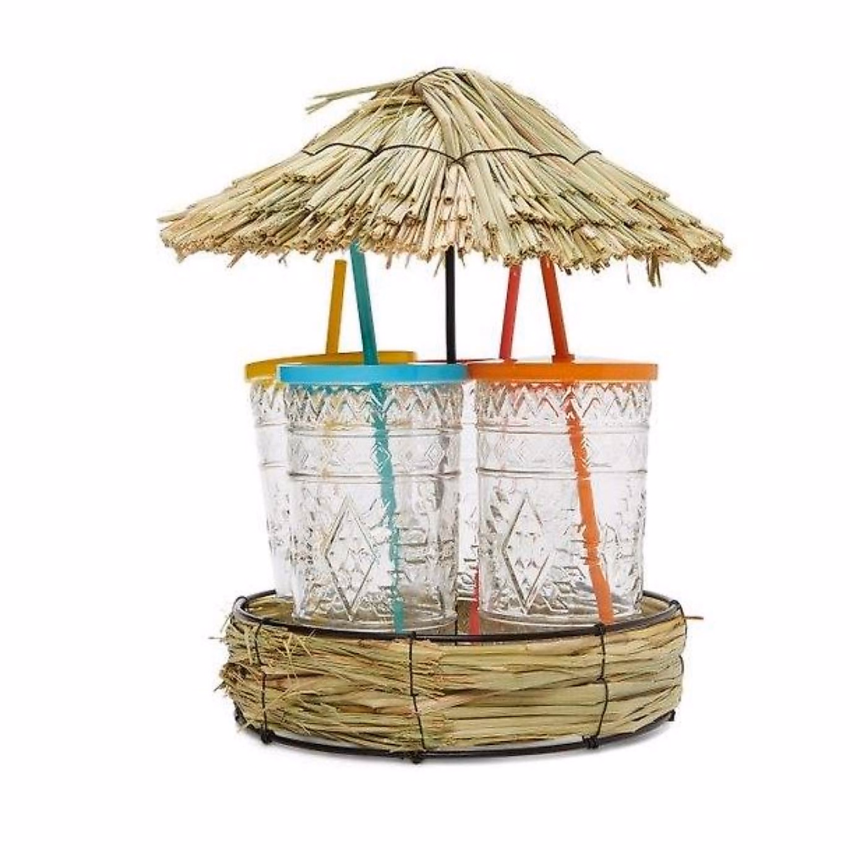 Myxx Tabletop Tiki Hut Party Decoration Lazy Susan Cup Holder with 4 Assorted Glasses