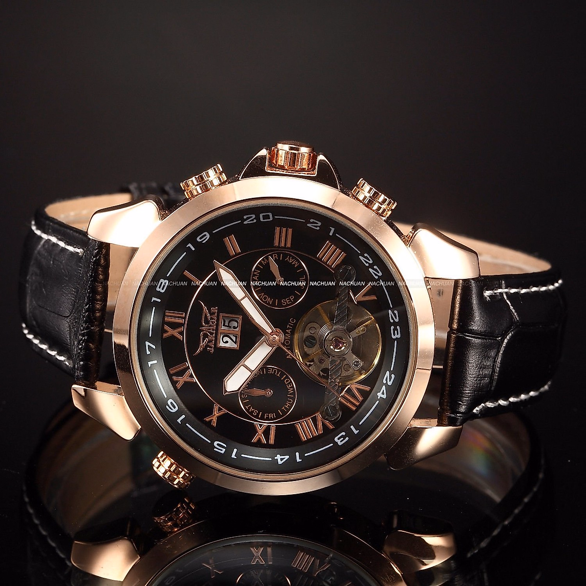 MASTOP Men Black Tourbillon Rose Golden Aviator Automatic Mechanical Watch