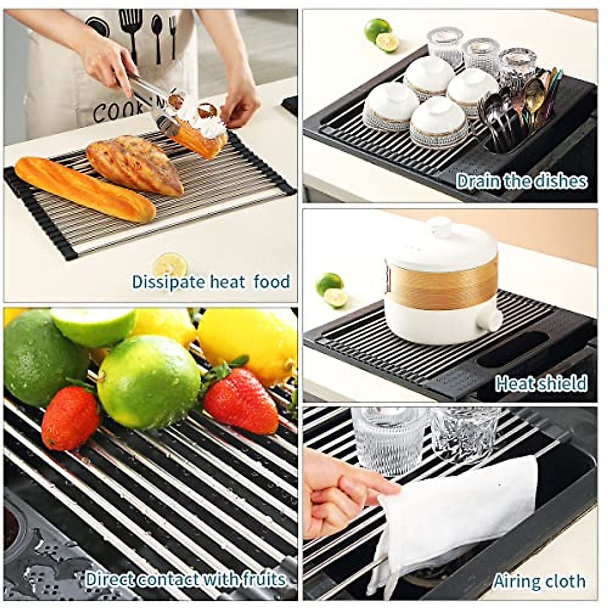 Berglander Dish Drying Rack Over The Sink, L17.5 by W 15" Rollable Stainless Steel Dish Rack with Removable Storage Basket, Perfect for Kitchen Sink