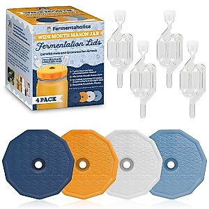 Fermentaholics 4-Pack Fermentation Lids with S Airlocks for Wide Mouth Mason Jars - Multicolored, Reusable, with Silicone Gaskets for Fermenting Vegetables, Sauerkraut, Kimchi & More