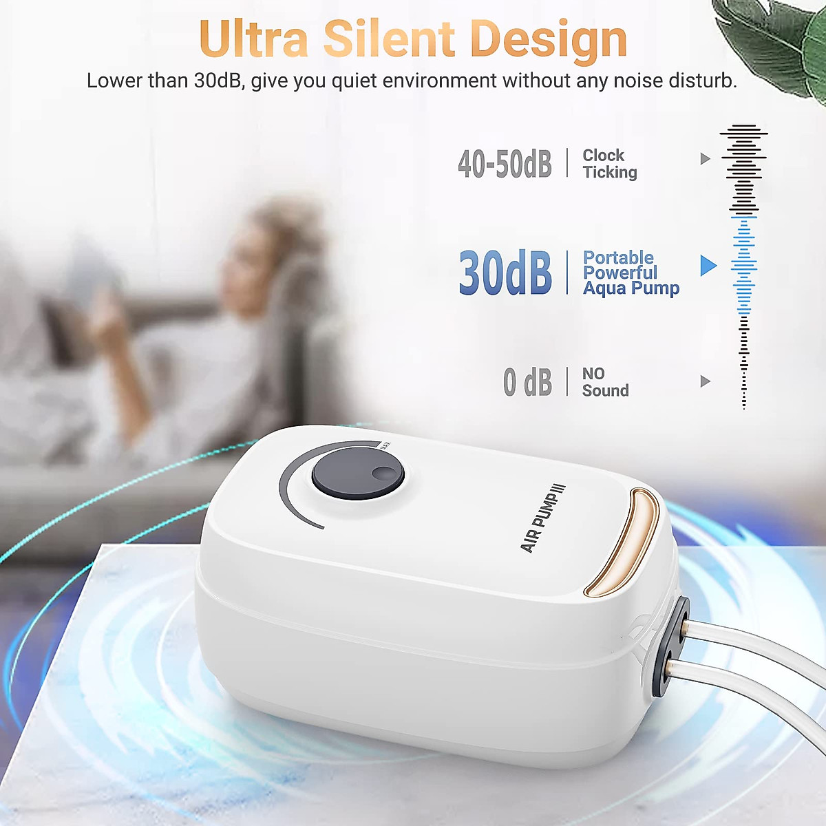 MoonOrange 3W Aquarium Air Pump, Adjustable Aquarium Aerator with 2-Outlet, Super-Powerful & Quiet Oxygen Pump for Fish Tanks up to 100 Gallon with Full Accessories.(Upgrade Noise-Reduce)