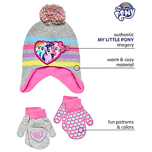 Hasbro My Little Pony Girls Winter Hat and 2 Pair Gloves or Mittens (Toddler/Little Girls), Size Age 2-4, Grey, Pink Design - Age 2-4 - Mittens Set