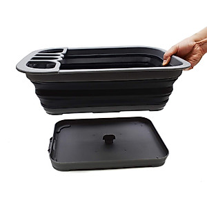 SAMMART Collapsible Dish Drainer with Drainer Board - Foldable Drying Rack Set - Portable Dinnerware Organizer - Space Saving Kitchen Storage Tray (1, Grey/Black)