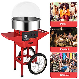 ROVSUN 21 Inch Cotton Candy Machine Cart, Electric Cotton Candy Maker Candy Floss Machine w/Cover, Stainless Steel Bowl, Sugar Scoop and Large Storage Drawer for Commercial Home Party Carnival, Red