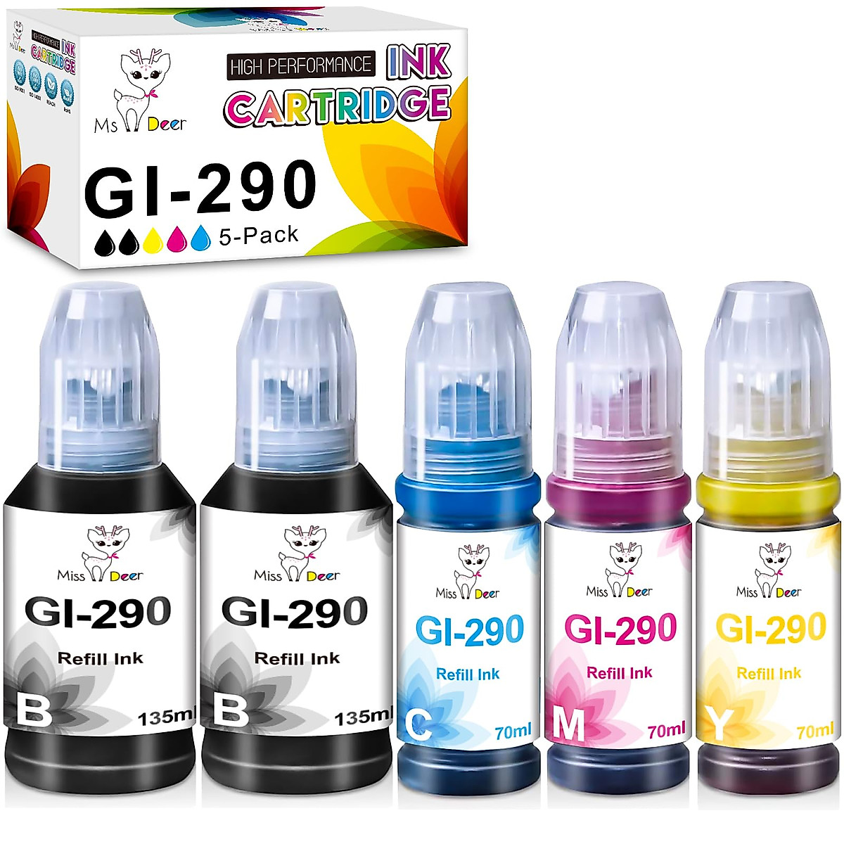 Miss Deer Compatible 290 Ink Refill Bottles Replacement for Canon GI290 GI-290 Refill Ink Kit for Canon PIXMA G4210 G3200 G4200 G2200 G1200 Megatank Printers (2 Black 1 Cyan 1 Magenta 1 Yellow) 5-Pack