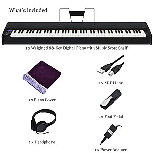 Costzon 88-Key Weighted Piano Keyboard Full Size, Portable Midi Keyboard Hammer Action Duet Mode with Sustain Pedal, Built-in Speaker, Headphone and Power Supply for Beginner/Adults (Black)