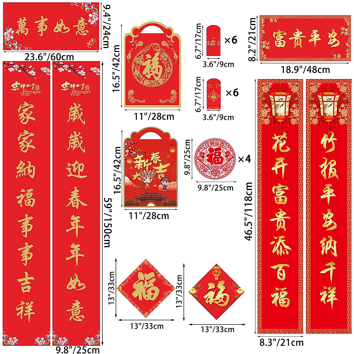 TOARTi 2024 Chinese New Year Decoration Chinese Couplet, Chunlian,Red Envelope, Red Lantern,Fu Character for Spring Festival Party Decor,Happy New Year Supplies