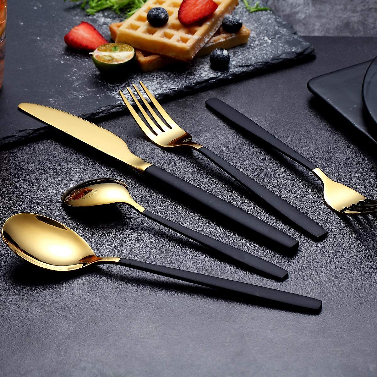 20 Piece Silverware Flatware Cutlery Set,Stainless Steel Utensils Service set for 4,Mirror Finish,Dishwasher Safe (Shining Golden Spoon and Matt Black Handle)