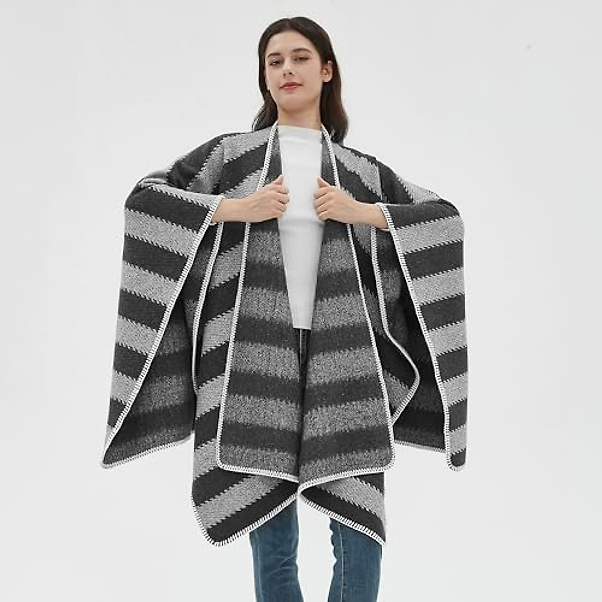 PuTian Merino Wool Shawl and Wrap Scarf for Women - Thick Warm Washable Wearable Blanket Heavyweight Pashmina Poncho Cape for Fall Winter Cold Weather, Stripe Gray