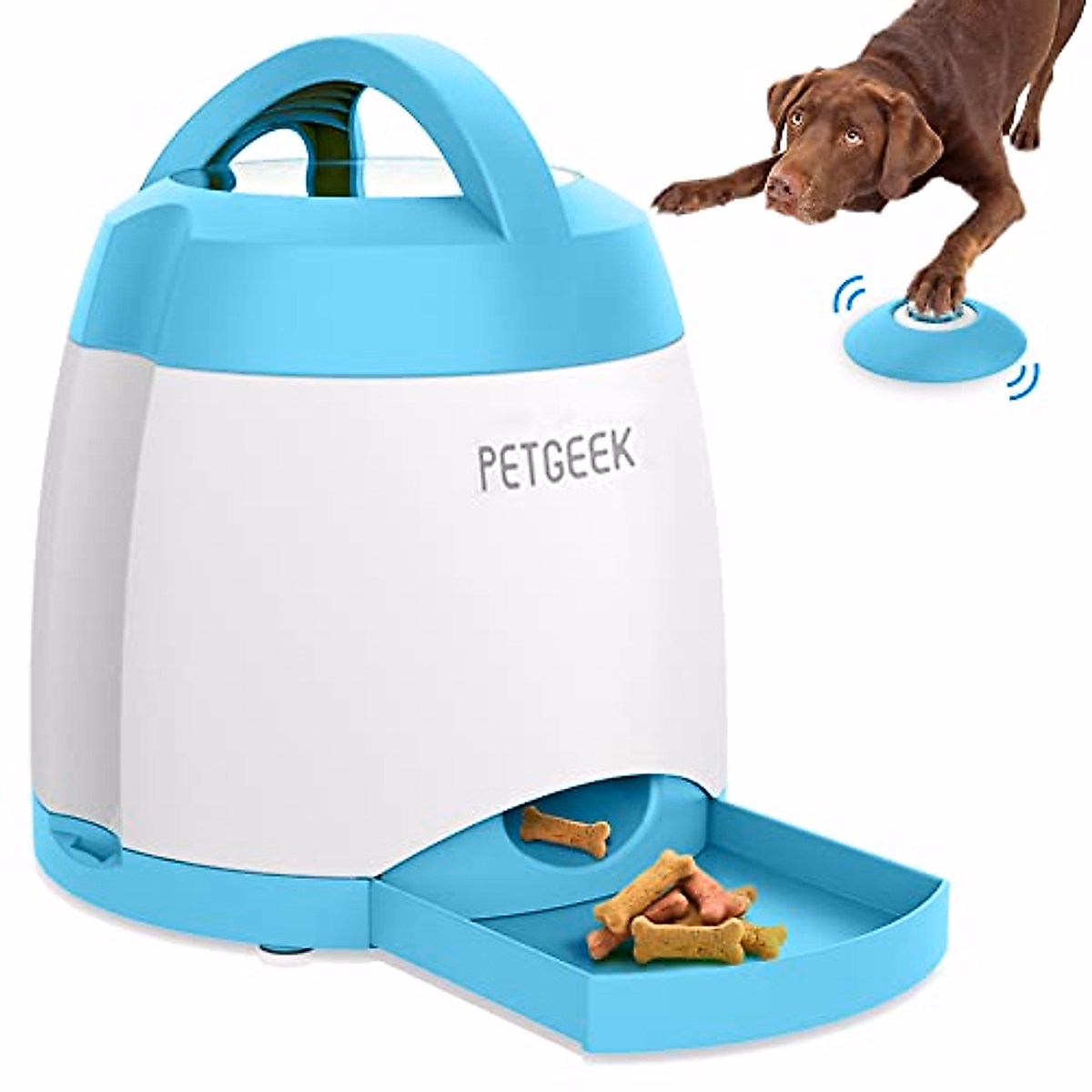 PETGEEK Automatic Dog Feeder Toy, Interactive Dog Puzzle Toys Treat Dispensing, Electronic Dog Food Dispenser Remote Control, Safe ABS Material Pet Toy for All Breeds of Dogs, Blue Color
