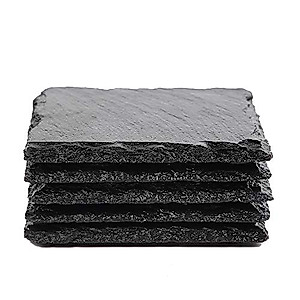 Slate Stone Drink Coasters - Set of 5 Square Black Natural Edge Stone Drink Coasters for Bar and Home- 4" x 4"
