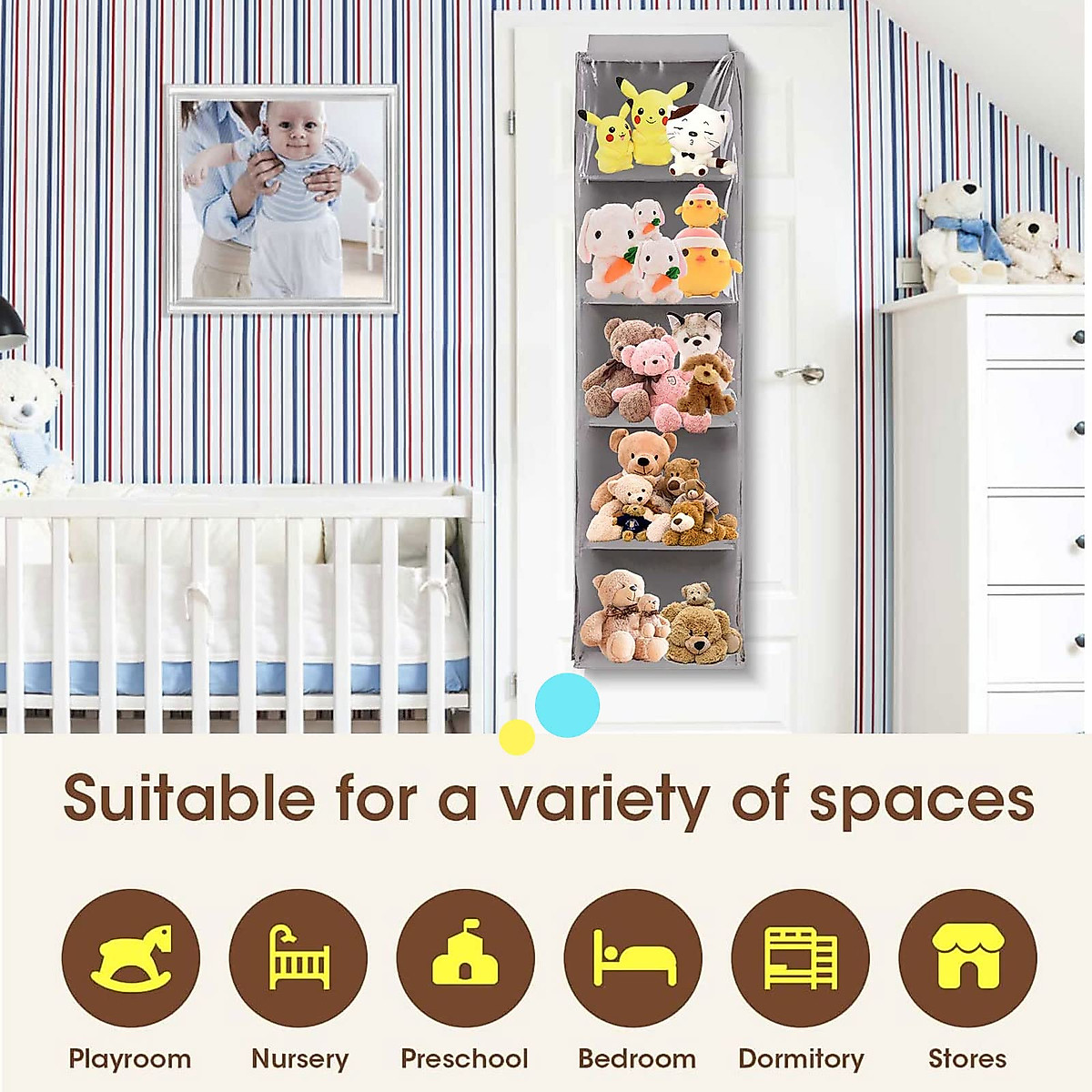 Stuffed Animal Storage, Hanging Over The Door Stuffed Animal Organizer with 5 Clear Dust-Proof Pocket Organizer for Display Kid's Toys.(Light Gray)