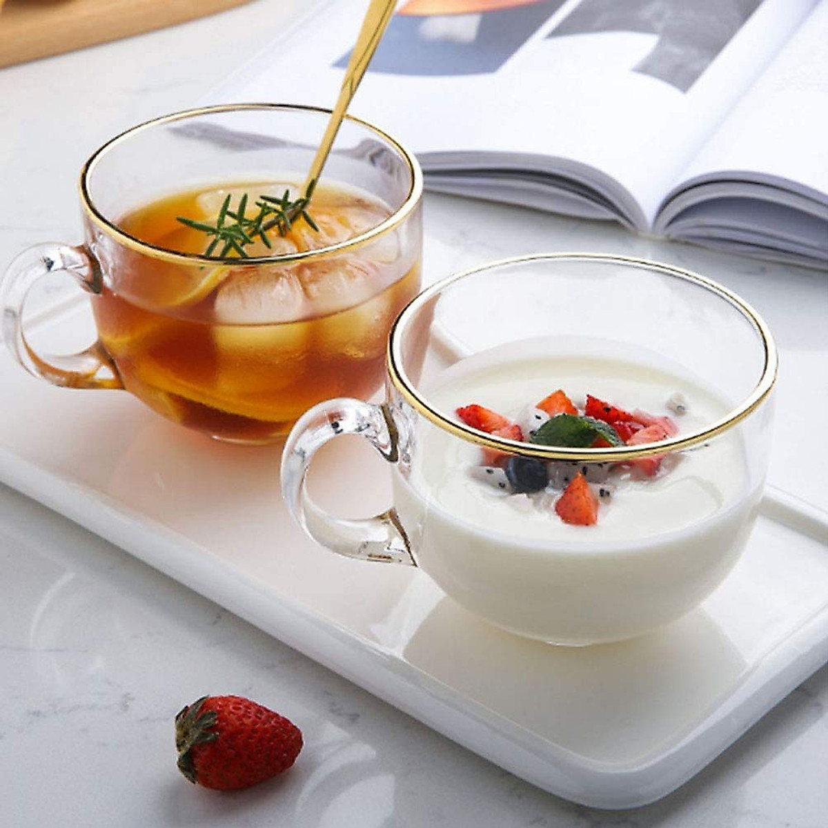 KKGUD Set of 2 Glass Teacups with Gold Rim, Oatmeal Cups, Yogurt Bowls with Spoons (Simple Design, 16oz)