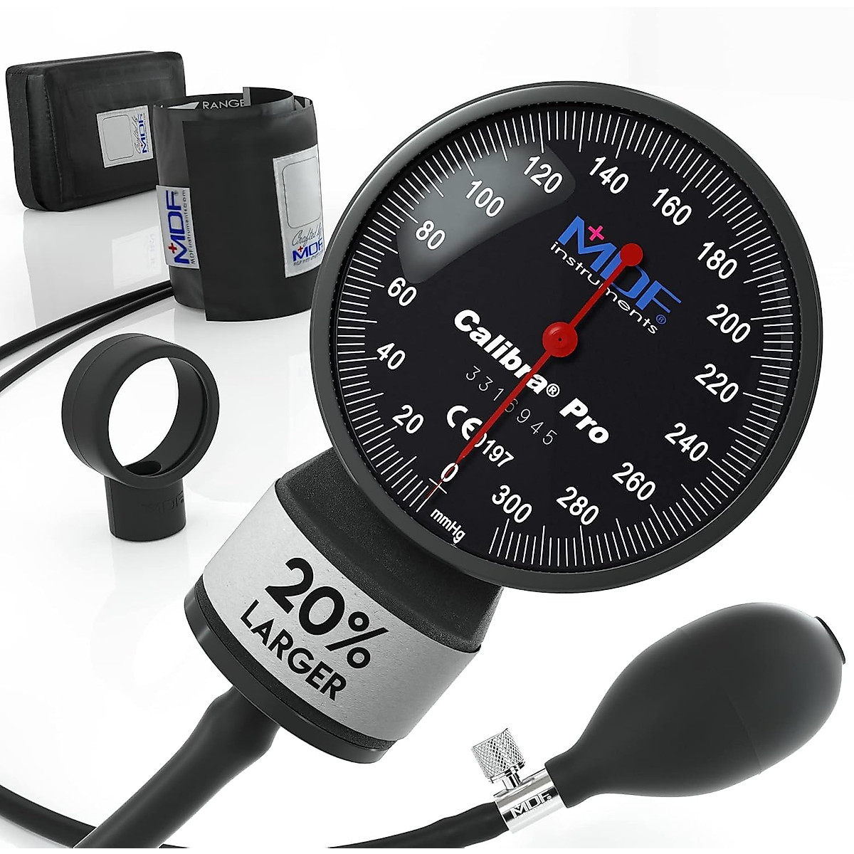 MDF Instruments, Extra Large Gauge Calibra Pro Aneroid Sphygmomanometer with Shock Guard & Adult Sized Cuff Included, Lifetime Calibration, Black Dial, Black Cuff, MDF808B11