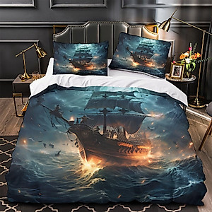 ERGTT Pirate Ship for Boys Girls Duvet Cover 3D Print Ship Quilt Cover Comforter Covers Bedding Set with Pillow Cases with Zipper Closure Soft Microfiber 3 Pieces Full（203x228cm）, Style-8