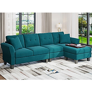 Belffin Convertible Sectional Couch Velvet L Shaped Sofa 4 Seat Sofa with Chaise L-Shaped Couches Reversible Sectional Sofa Peacock Blue