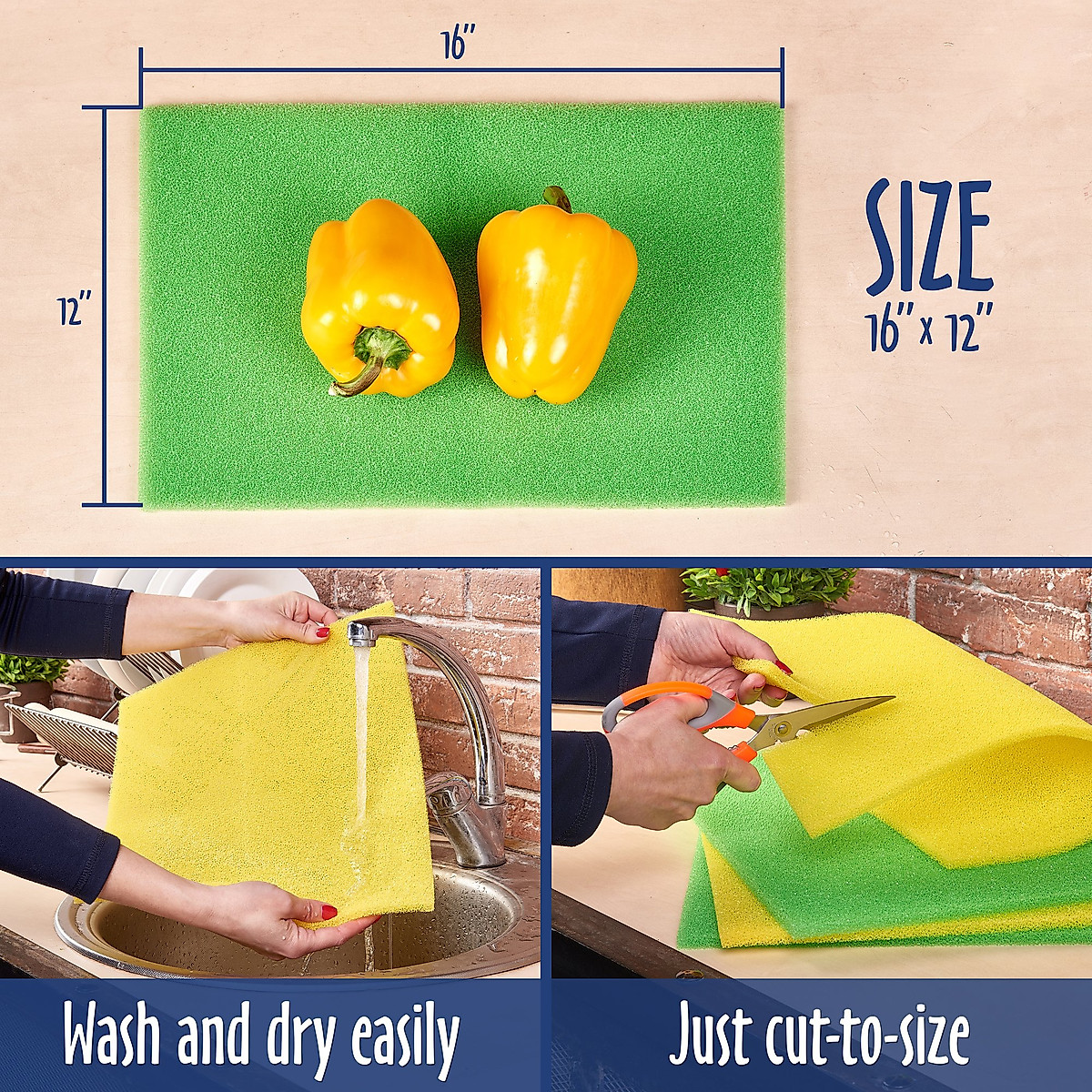 4-Set Fruit & Veggie Life Extender - 16x12 Inch - Foam Fridge Shelf Mat & Refrigerator Drawers Liner - Washable Pads - Extends Life of Produce & Prevents Spoilage - Keeps Food Fresh & Crispy