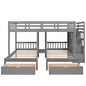 Harper & Bright Designs Triple Bunk Beds with Drawers, Wood Full Over Twin & Twin Bunk Bed with Storage Staircase, Triple Bed for Kids,3 Bed Bunk Beds with Storage for Girls Boys,Grey