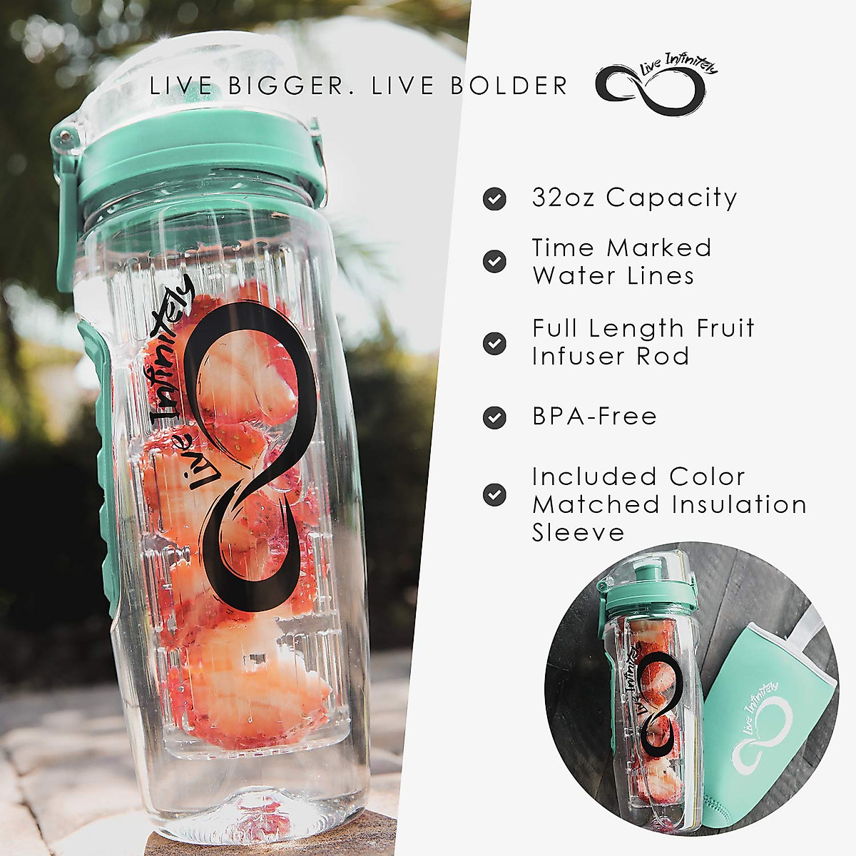 Live Infinitely 32 oz. Fruit Infuser Water Bottles With Time Marker, Insulation Sleeve & Recipe eBook - Fun & Healthy Way to Stay Hydrated (Mintgreen Timeline, 32 Ounce)