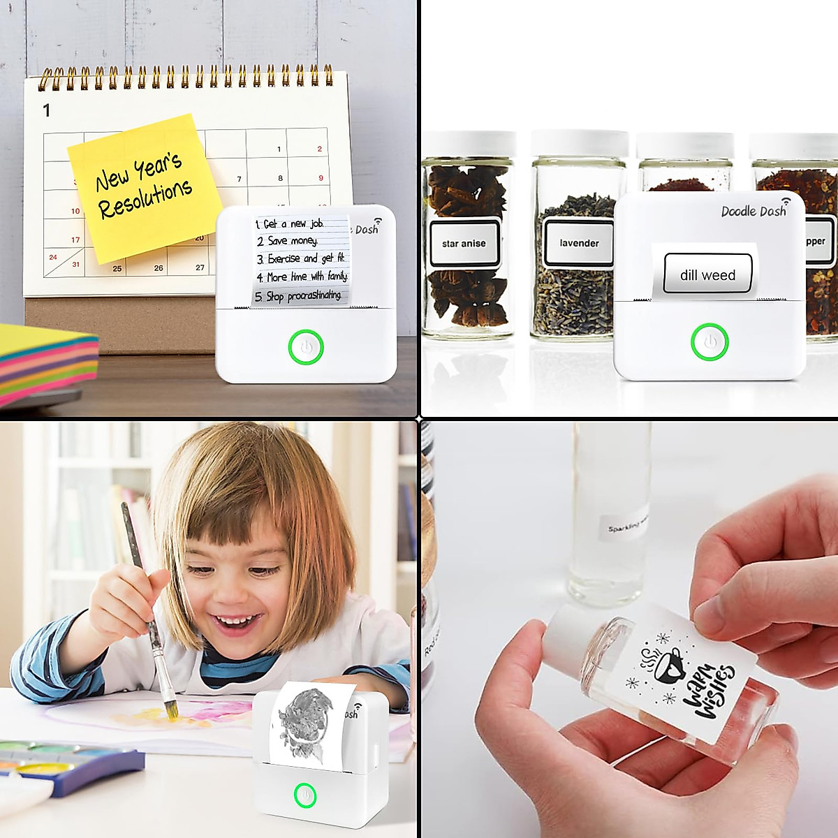 Doodle Dash Printer Mini Printer Sticker Maker Bluetooth Connection Cell Phone, Tablet with 5 Self-Adhesive Rolls Printing Paper Wireless Inkless Pocket Printer Suitable for Photos, Study (White)